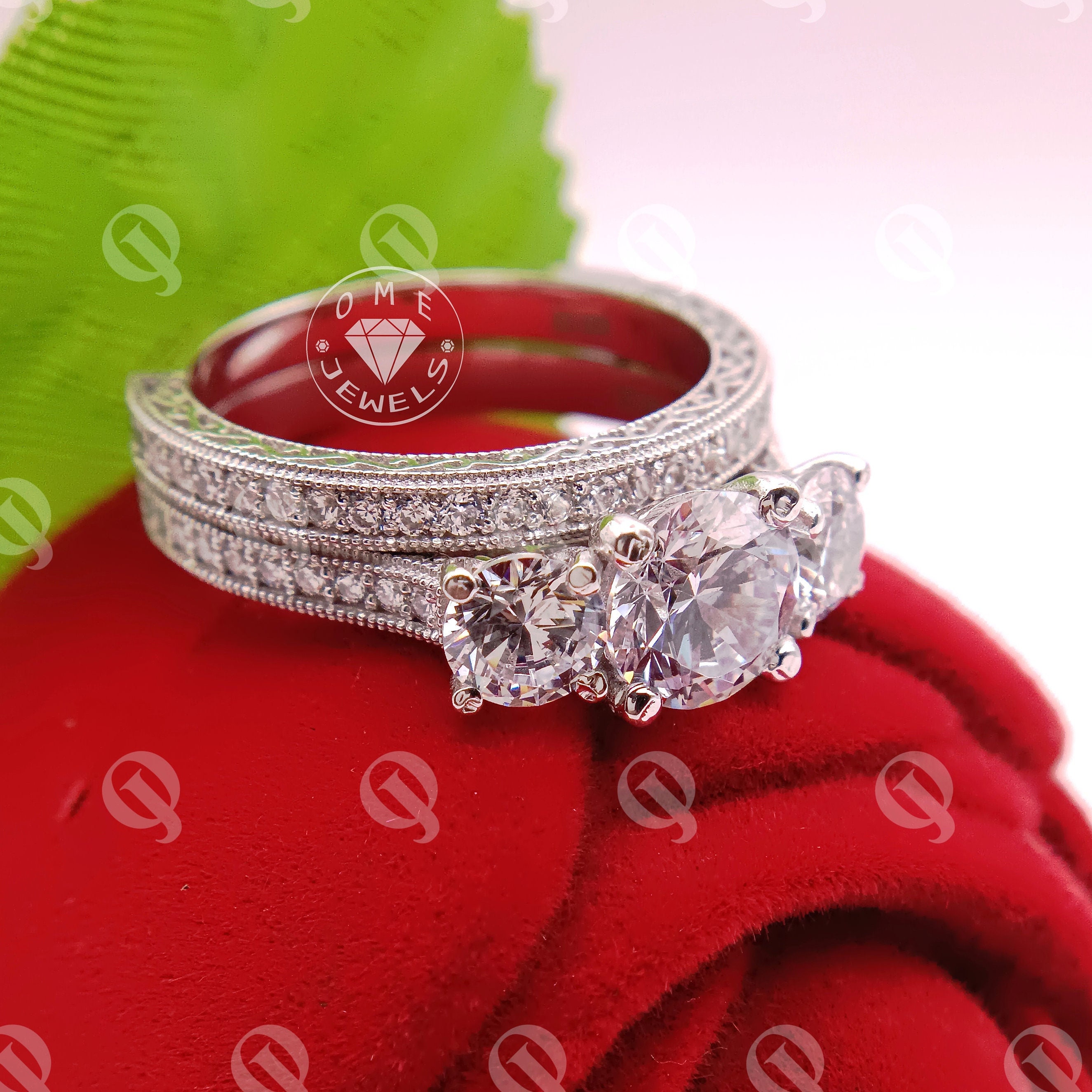 Three Diamond Bridal Ring Set, Round Diamond Ring Set, Special Wedding ...