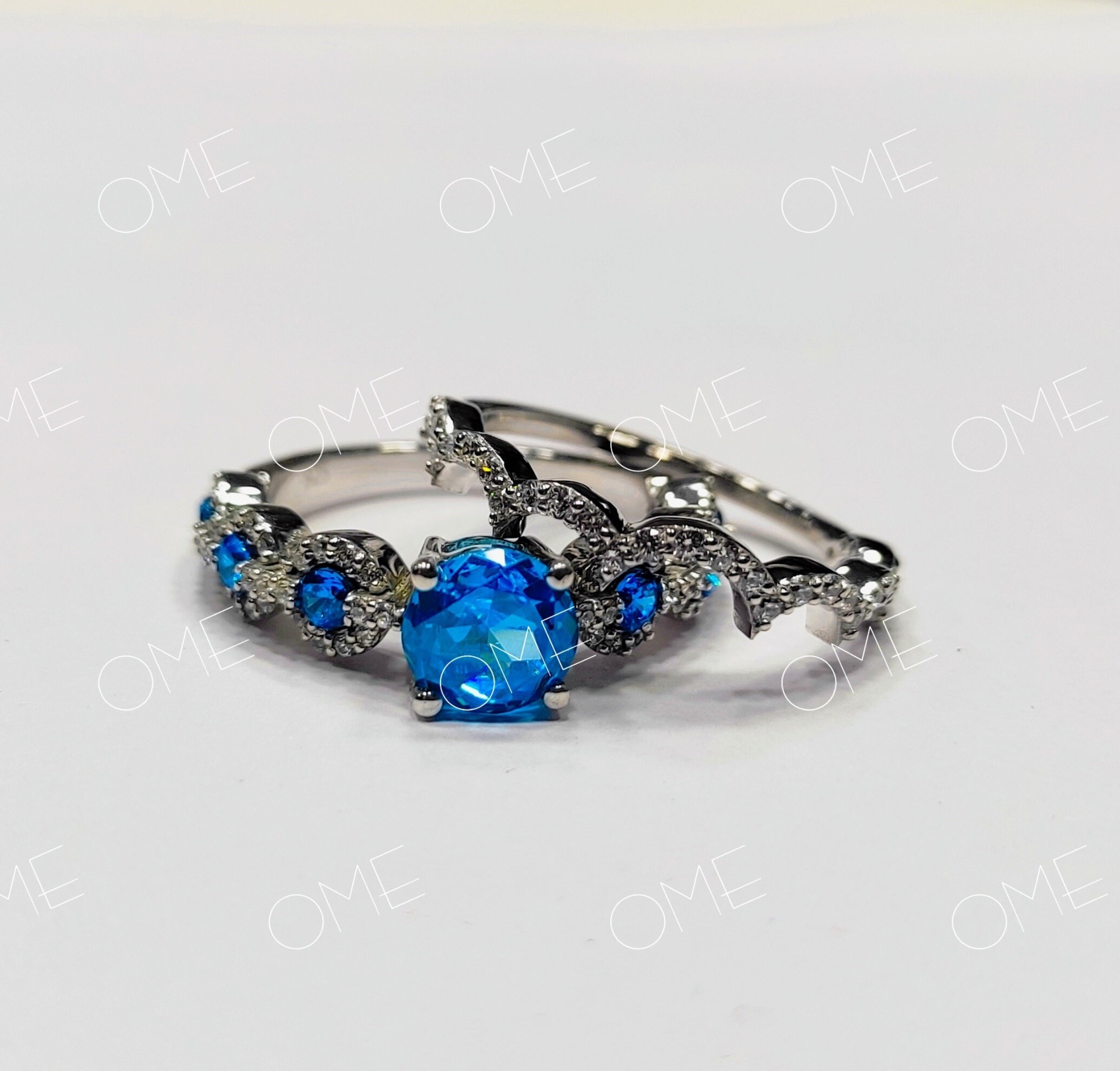 Vintage Blue Sapphire Engagement Ring Set, Bridal Promise Ring Set ...