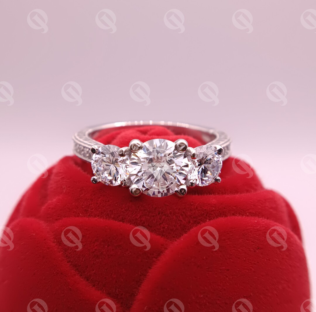 Three Stone Art Deco Diamond Ring, Designer Engrave Shank Ring, Silver ...