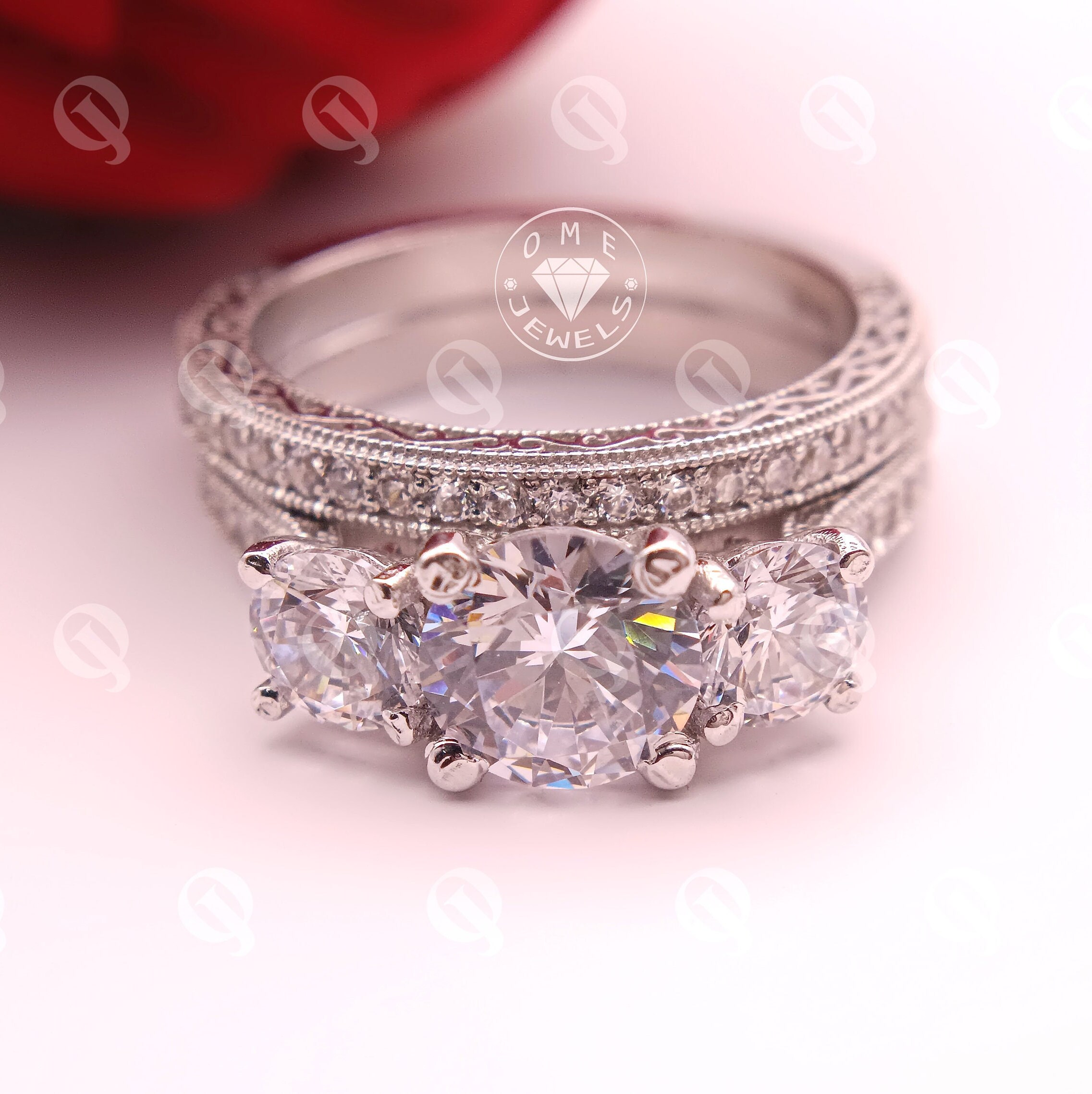 Three Diamond Bridal Ring Set, Round Diamond Ring Set, Special Wedding ...