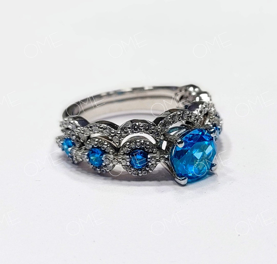 Vintage Blue Sapphire Engagement Ring Set, Bridal Promise Ring Set ...
