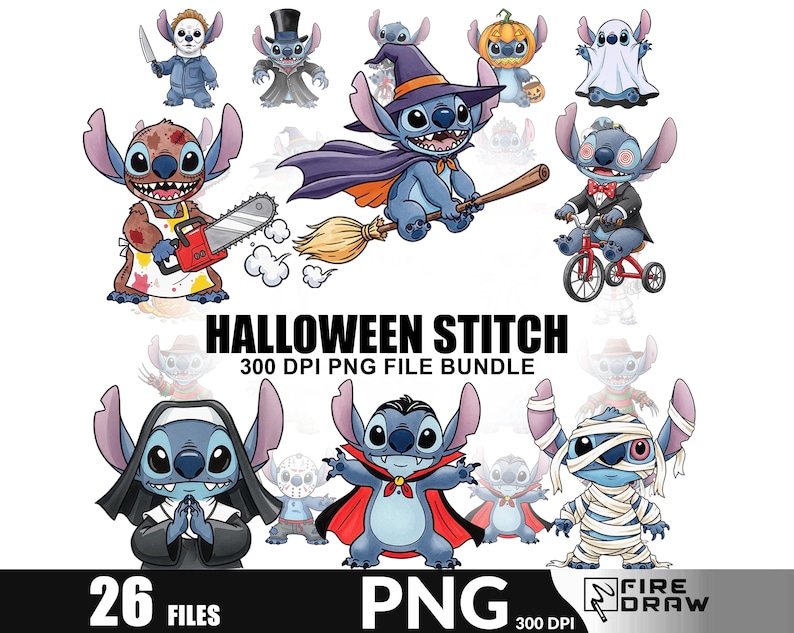Stitch Halloween Clipart Bundle: Funny Horror Movie PNG Files (digital ...