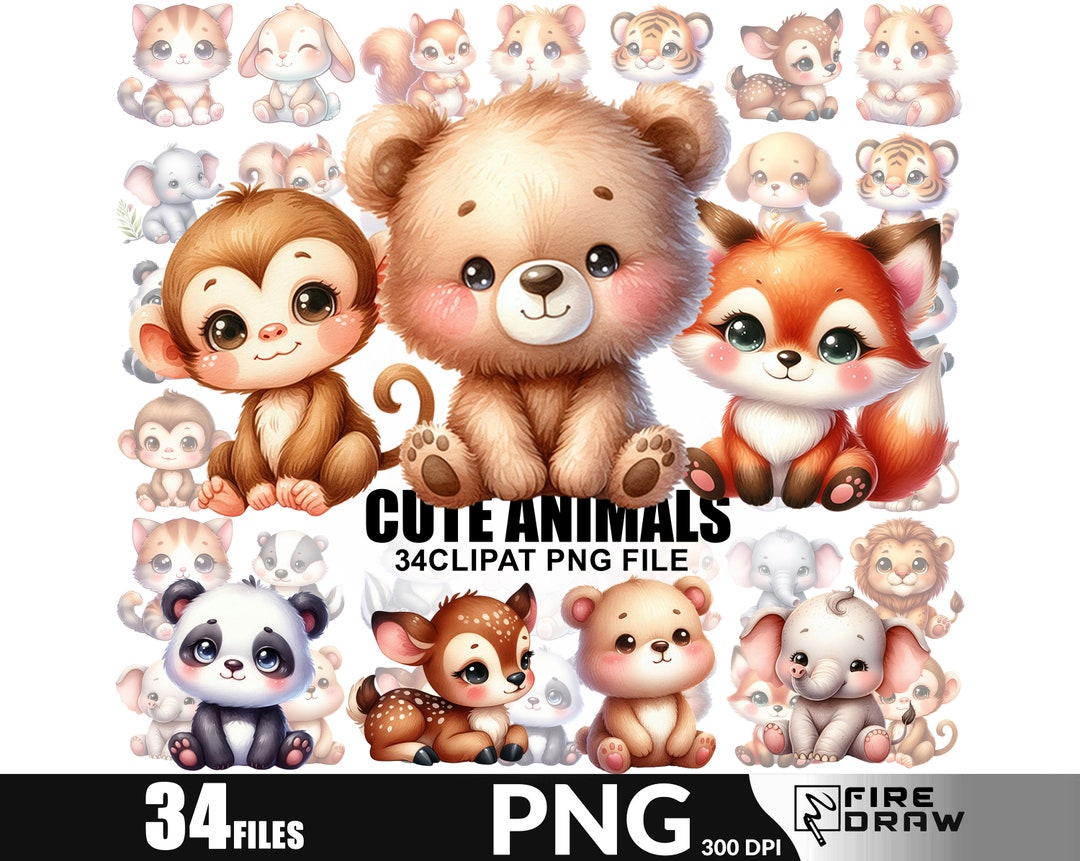 Watercolor Baby Animals Clipart Bundle: 34 PNG Files (digital Download ...