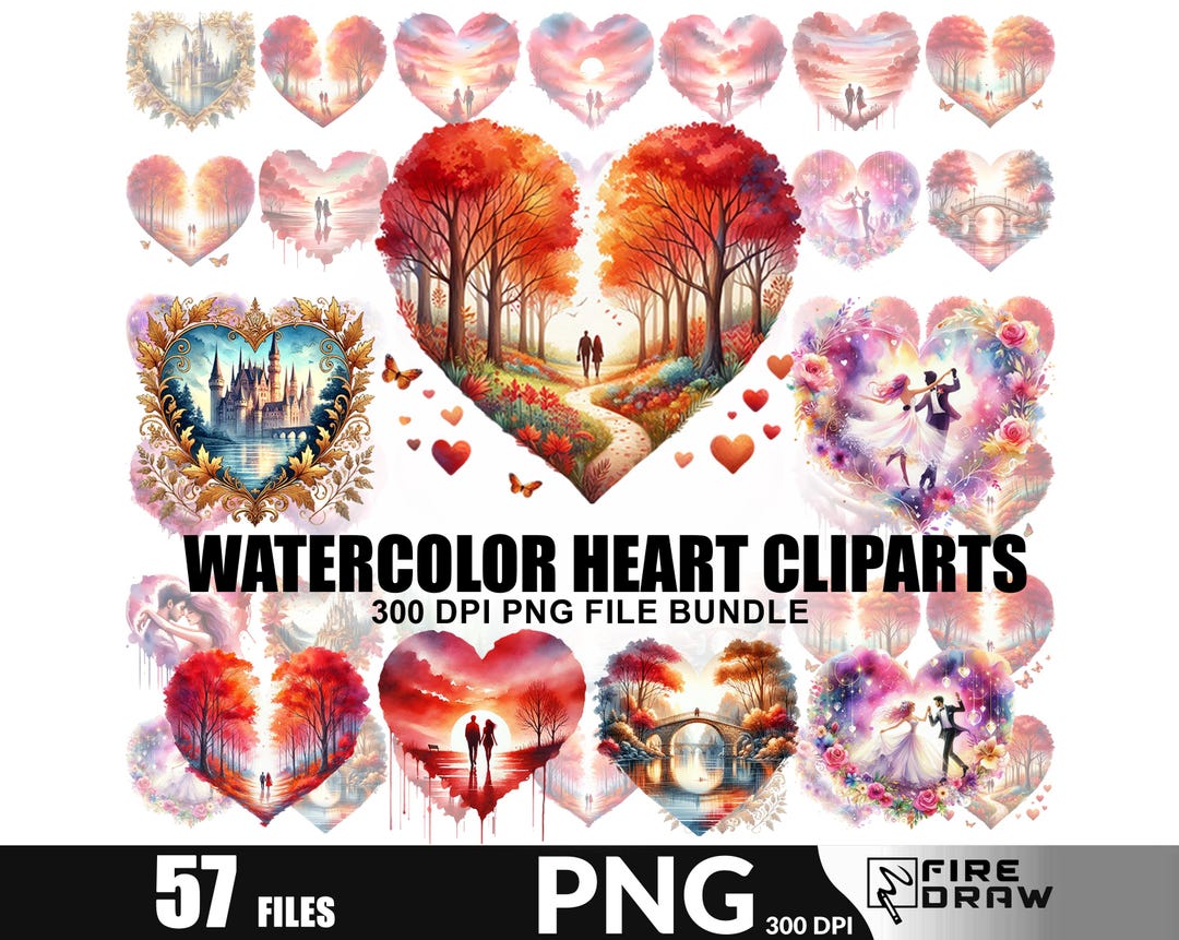 Watercolor Hearts PNG Clipart Bundle: Valentine's Day Love (digital ...