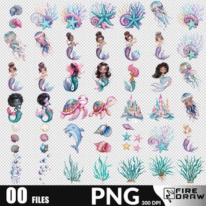 Black Mermaid Watercolor Clipart Bundle, Underwater Sea Art, Dolphin ...