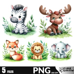 Safari Animals Clipart Png Files, Watercolor Baby Animal PNG for ...