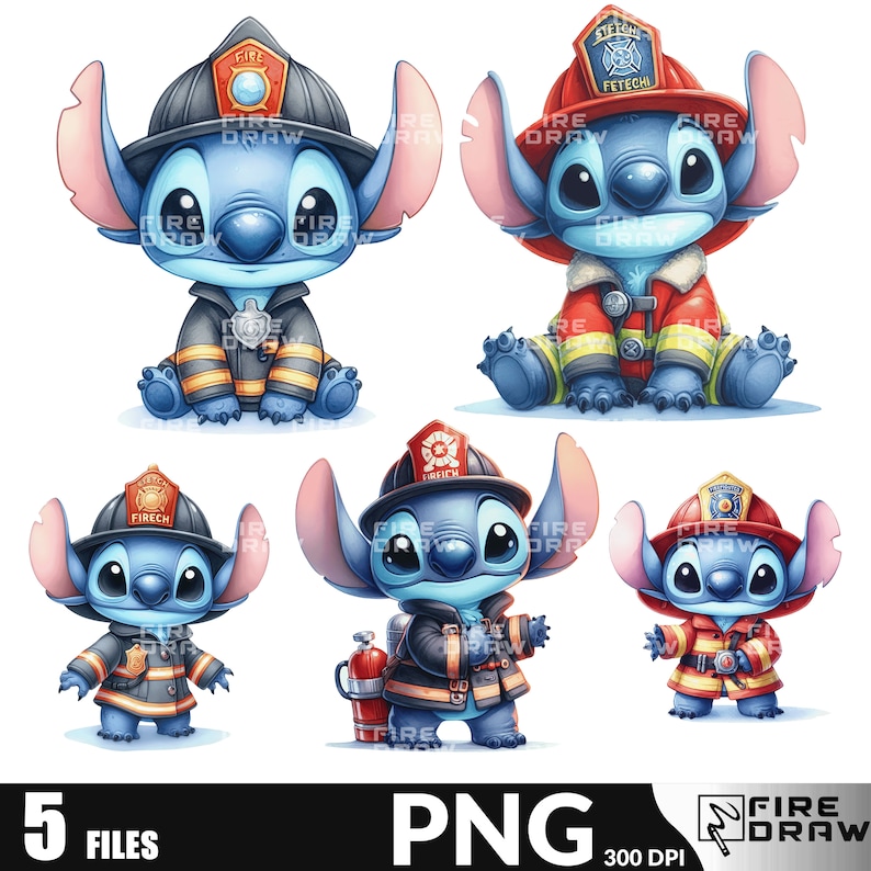 Stitch Firefighter PNG: Watercolor Clipart, Tumbler Wrap (digital ...