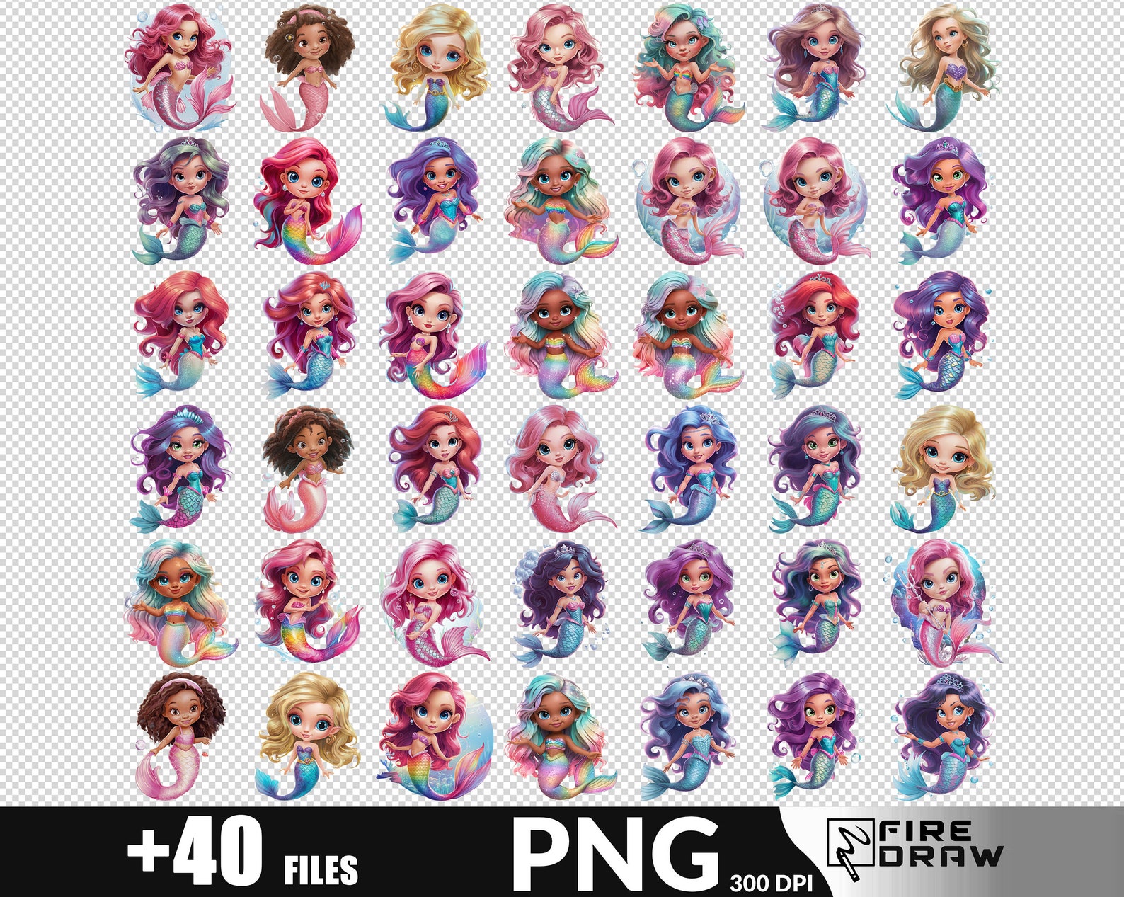 Watercolor Mermaid Clipart Bundle: Glitter Princess PNG (digital ...
