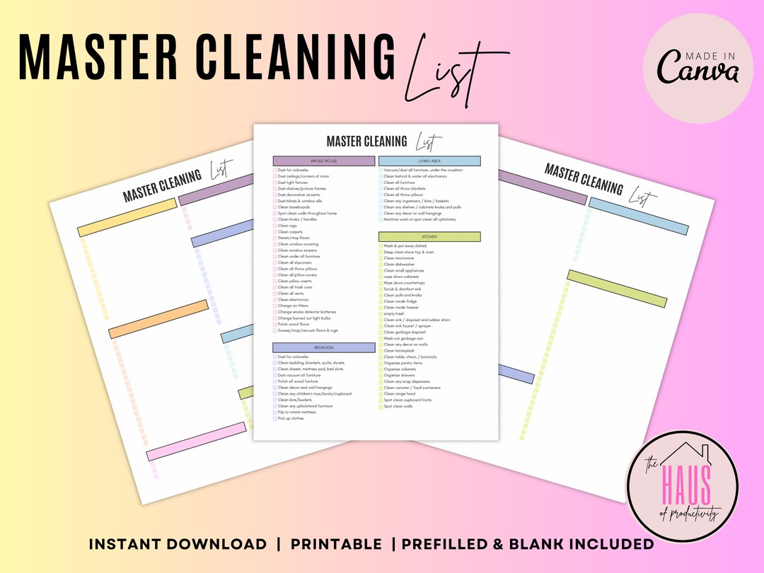 Adhd-friendly Master Cleaning List Printable Planner,editable Canva Template, Digital Checklist ...