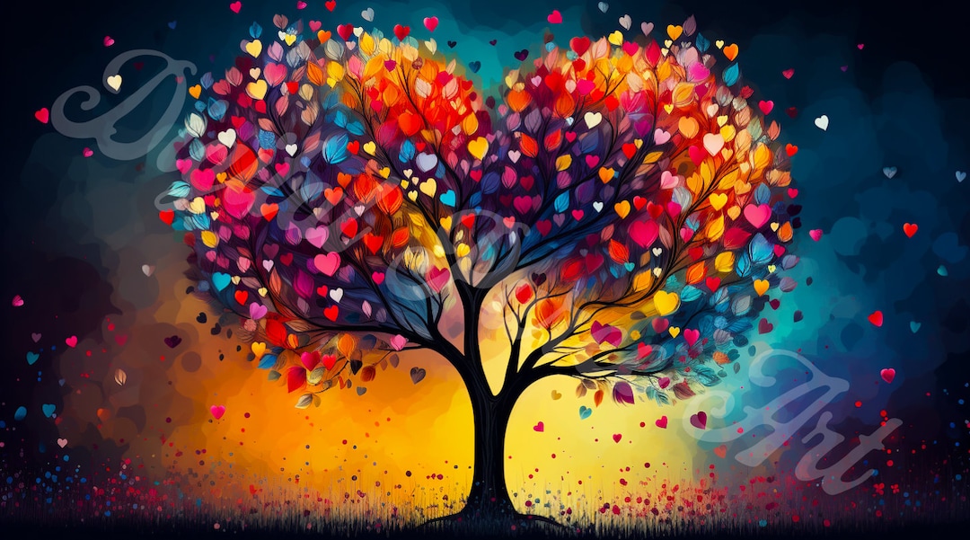 The Loving Tree, Tree of Hearts, Beautiful Colourful Spiritual Wall Art ...