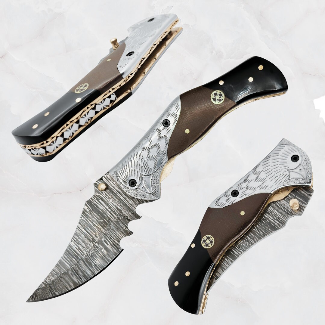 Handmade Damascus Steel Folding Knife Aboriginal Engraved Art Dyed Bone ...