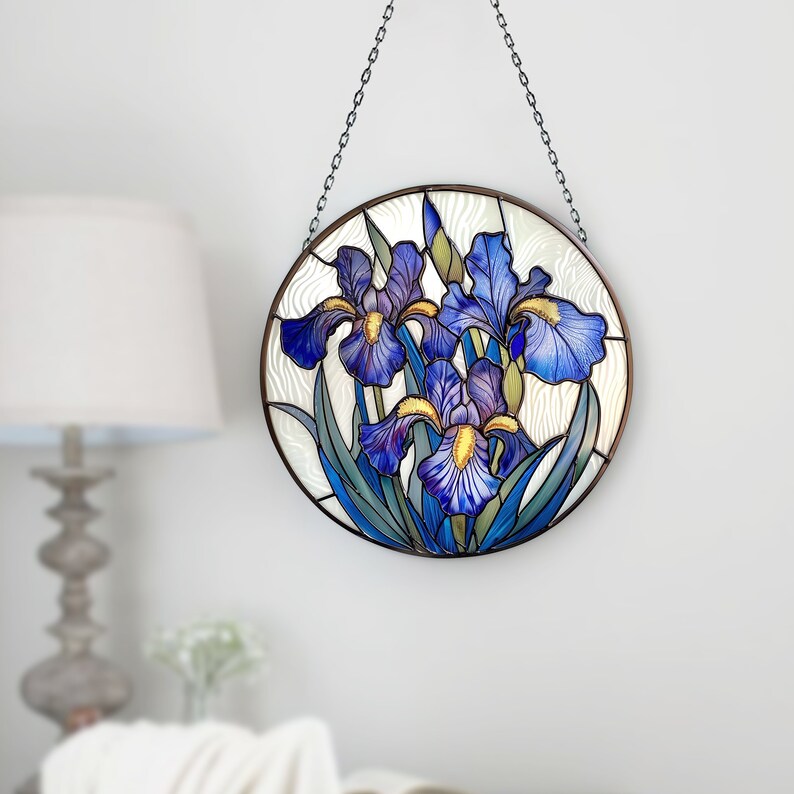 Iris Flower Stained Glass Sun Catcher, Blue Purple Irises Flower ...