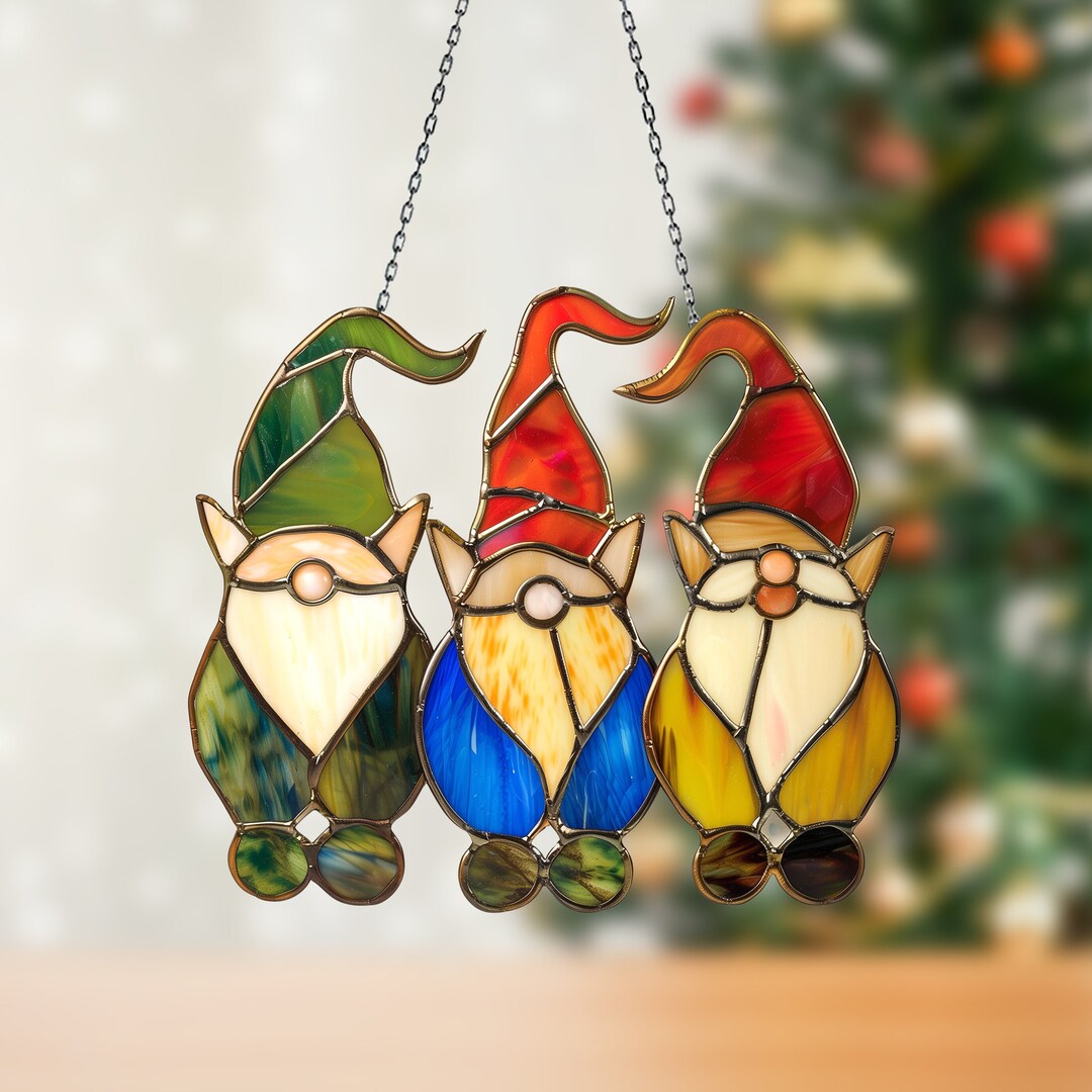 Gnomes Stained Glass Window, Christmas Gift, Gnome Suncatcher, Cute Suncatcher Gnomes Window ...