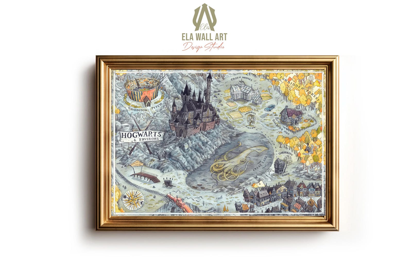 Wizarding School Map Poster: Fantasy Castle Watercolor Art (digital ...