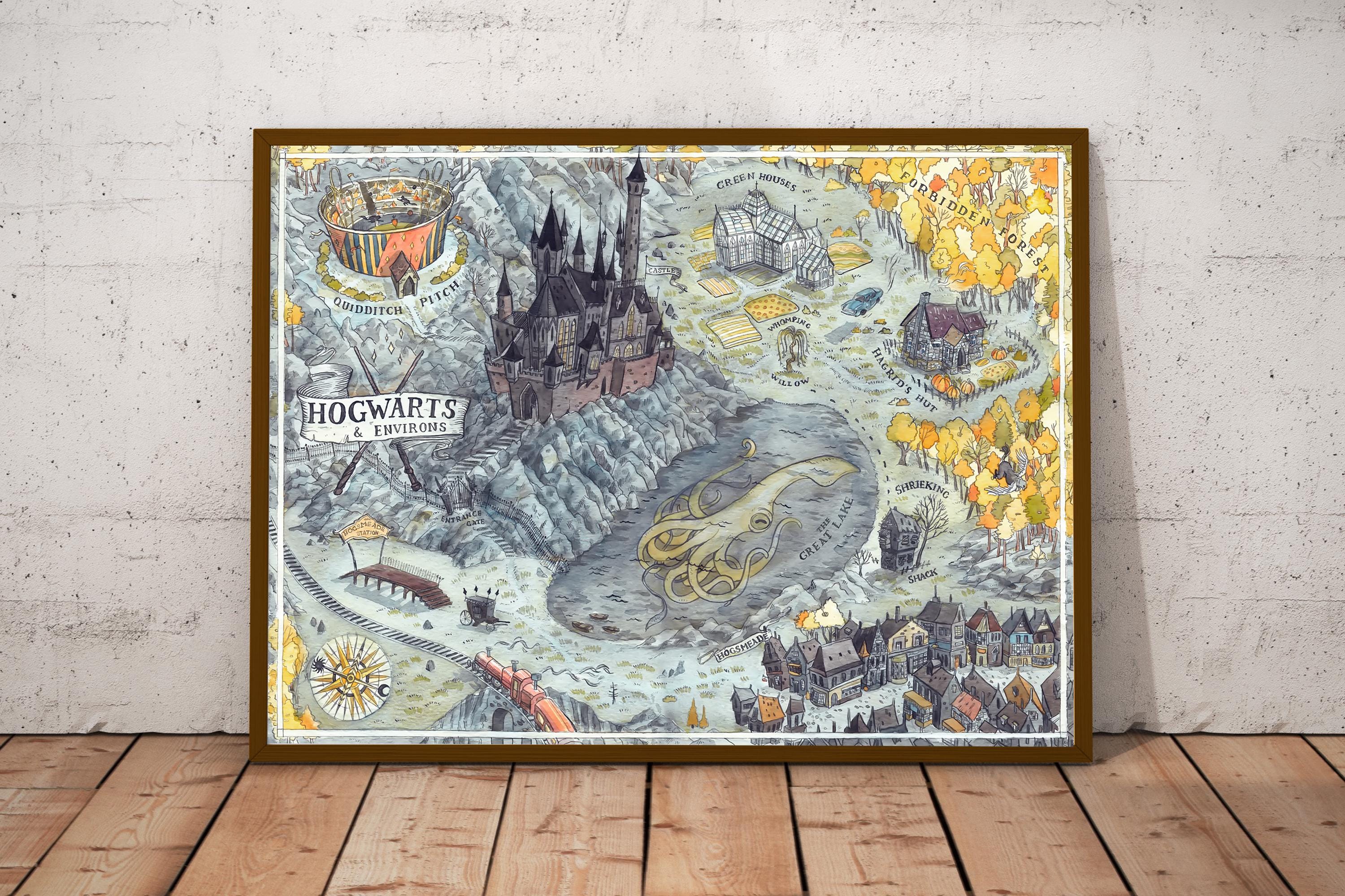 Wizarding School Map Poster: Fantasy Castle Watercolor Art (digital ...