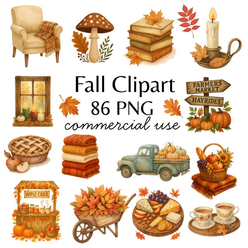 Fall Clipart Bundle | 86 PNG Autumn Illustrations | Transparent ...