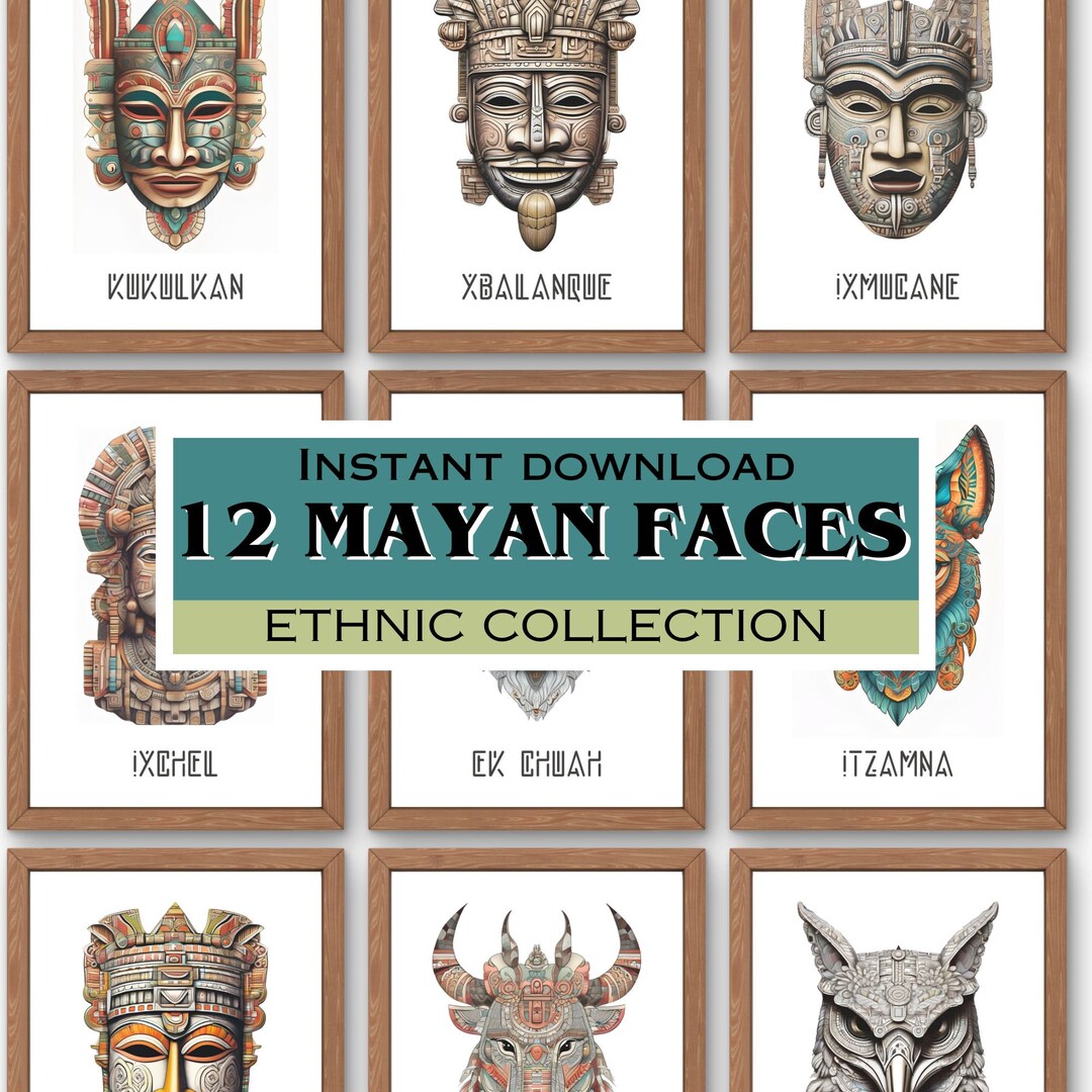 12 Mayan Inspired Faces With Names, Mythical Wall Art, Aztec Decor ...