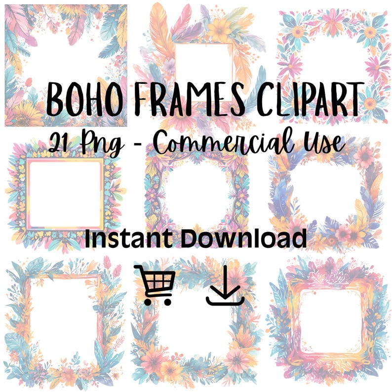 Boho Frames Clipart, PNG, Vibrant Colors, Folk Art Inspired, Commerical ...