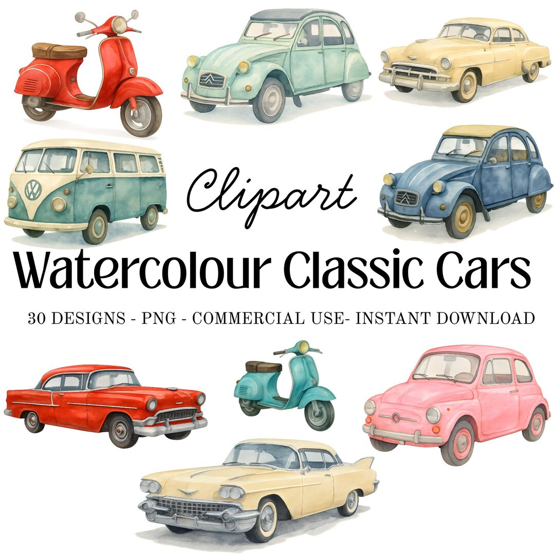30 Watercolor Classic Cars, Clipart Bundle, PNG, Transparent Background ...
