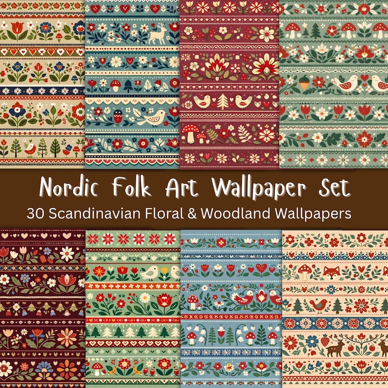 Nordic Folk Art Wallpaper Set – Scandinavian Floral & Woodland ...