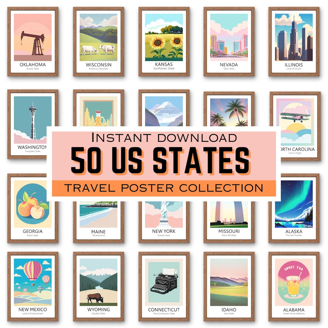 UNIQUE 50 US States Collection, Printable Wall Art, USA Travel Posters ...