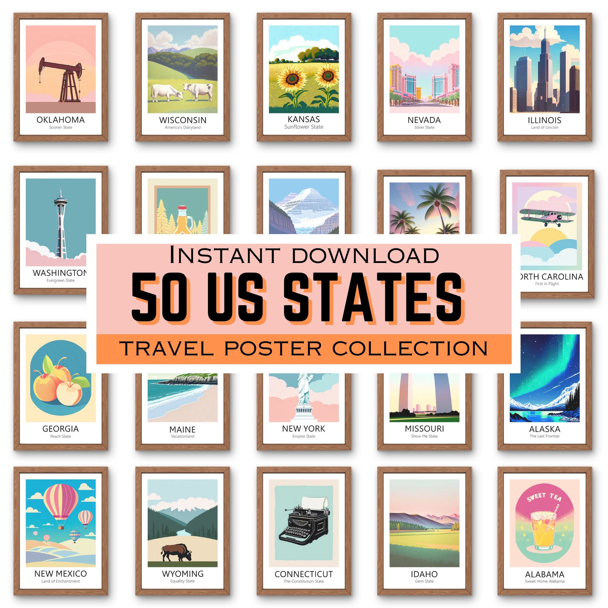 UNIQUE 50 US States Collection, Printable Wall Art, USA Travel Posters ...