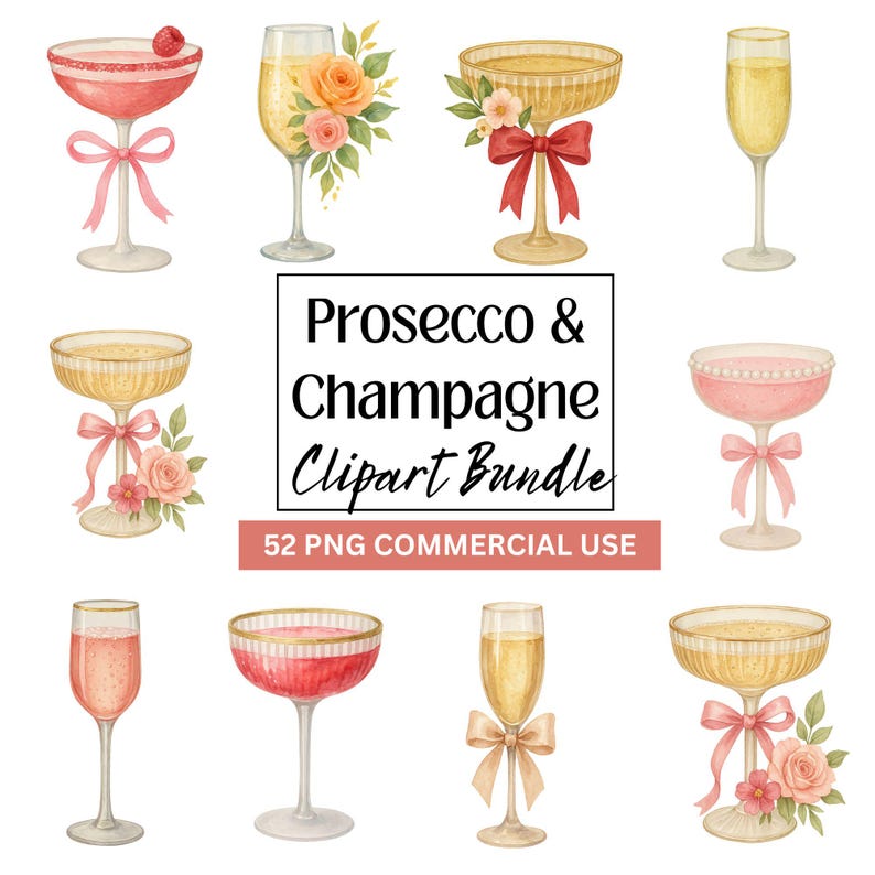 Prosecco & Champagne Clipart Bundle, Flowers Bows and Frames, Cute ...