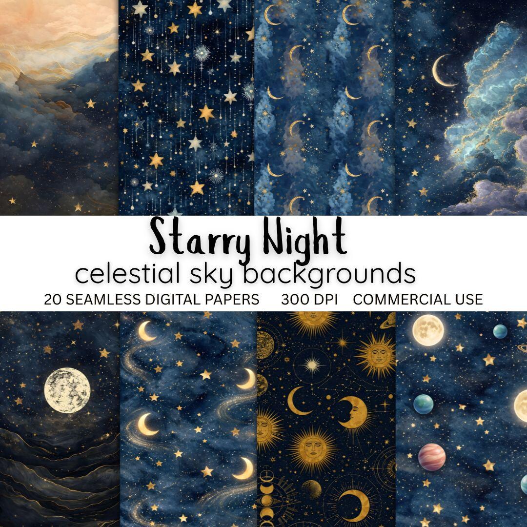 Starry Night Celestial Sky Backgrounds, 20 Seamless Digital Papers ...