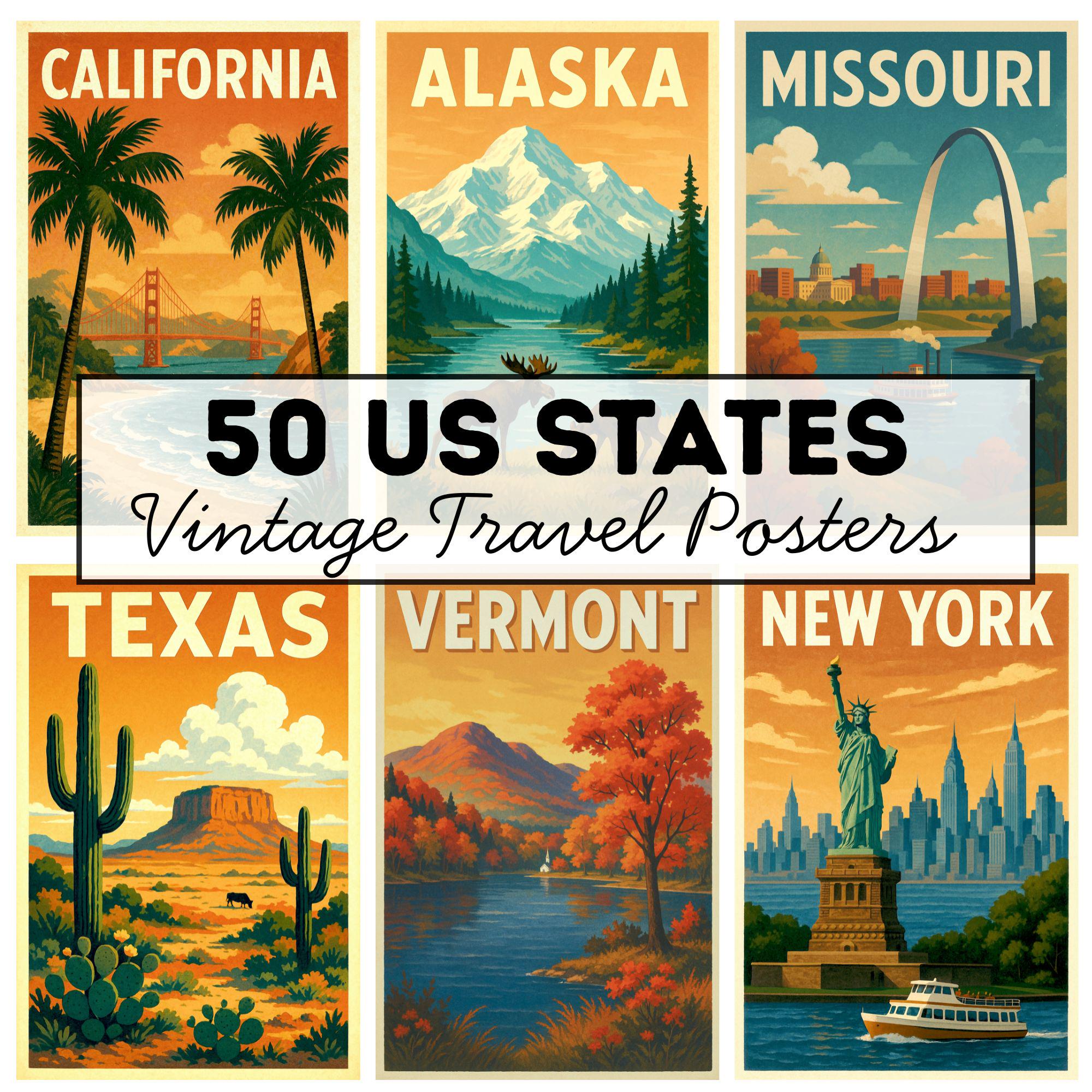 Vintage 50 USA States Poster Bundle, United States, High-resolution ...