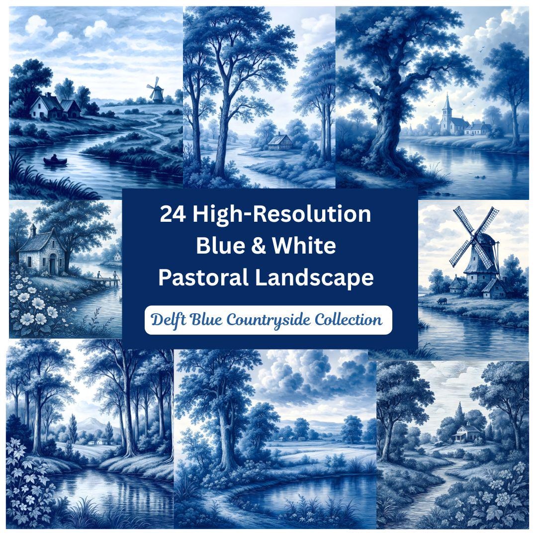 Delft Blue Landscape Illustration Set – 24 Dutch Pastoral Scenes ...