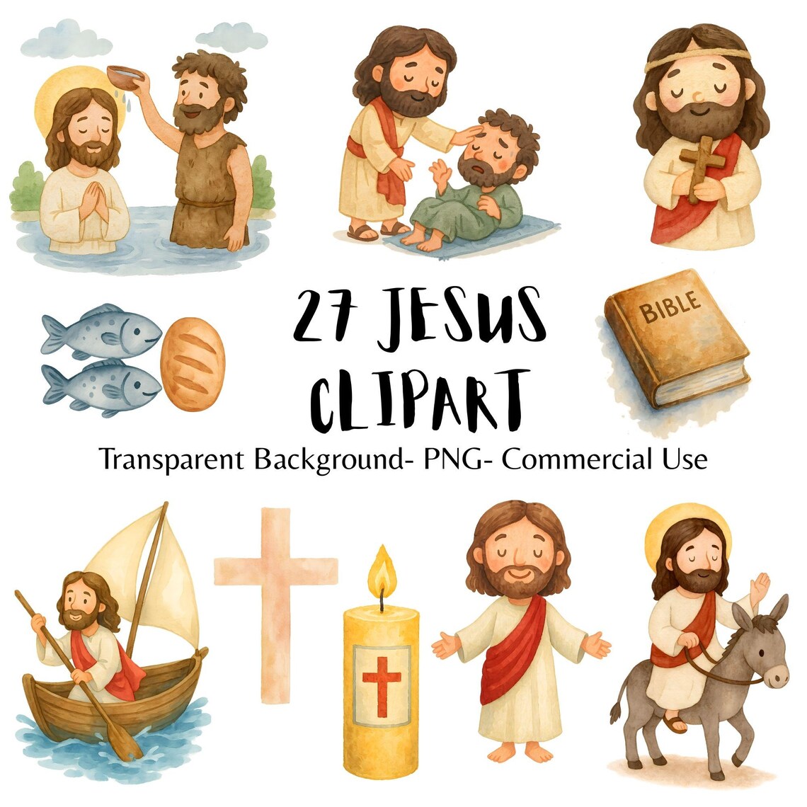 27 Jesus Clipart Bundle, Watercolor, Christian Biblical PNG, Kid ...