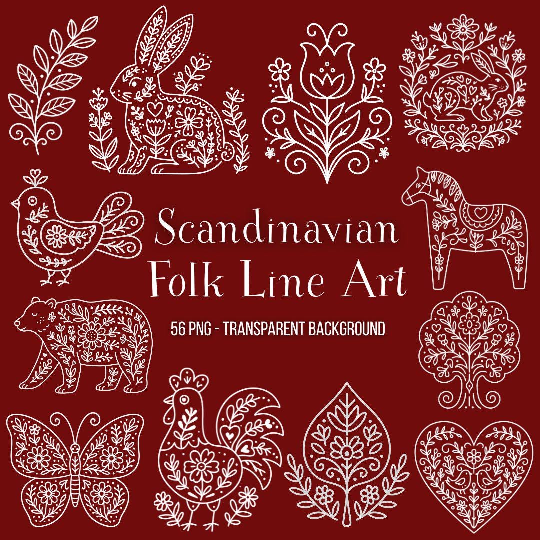 Scandinavian Folk Line Art Clipart Bundle | Nordic Animals & Floral ...