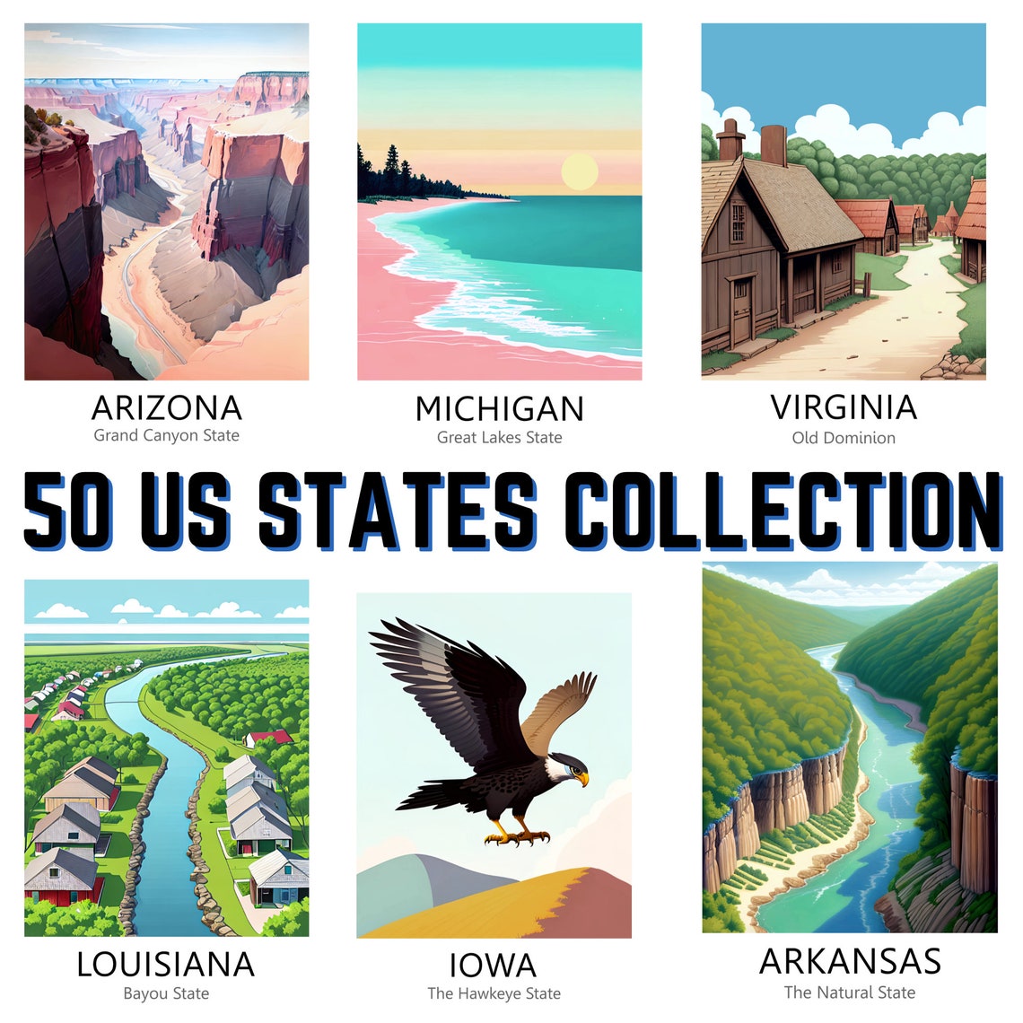 UNIQUE 50 US States Collection, Printable Wall Art, USA Travel Posters ...
