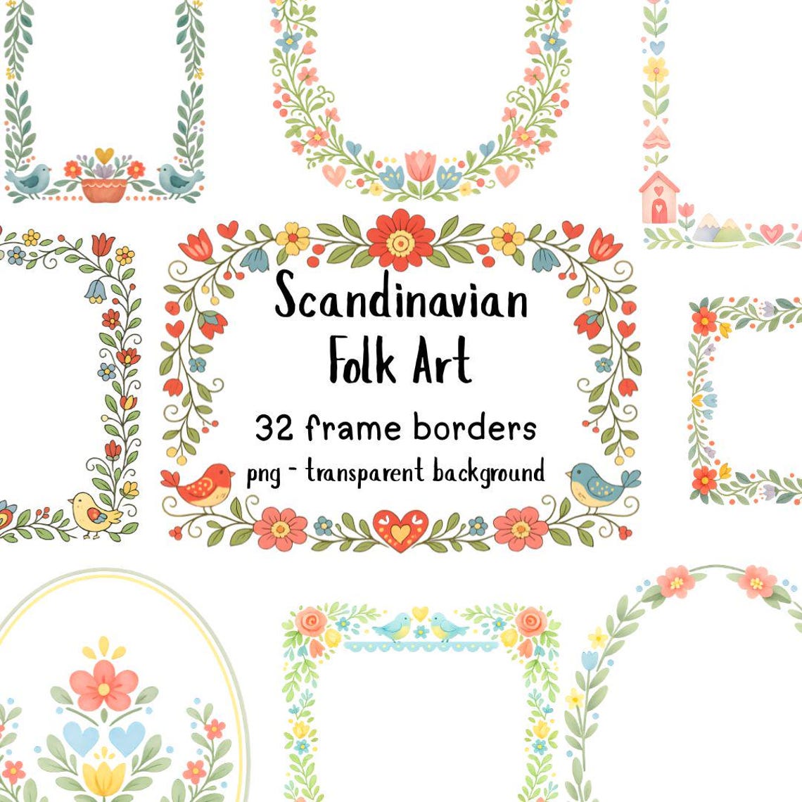 Scandinavian Folk Art Border Frames Pastel Colors, 32 PNG, Transparent ...