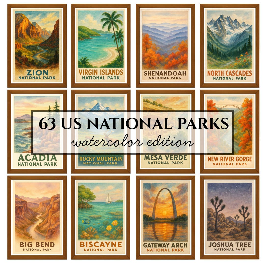 63 US National Parks Posters | Watercolor Wall Art | Minimalist | Retro ...