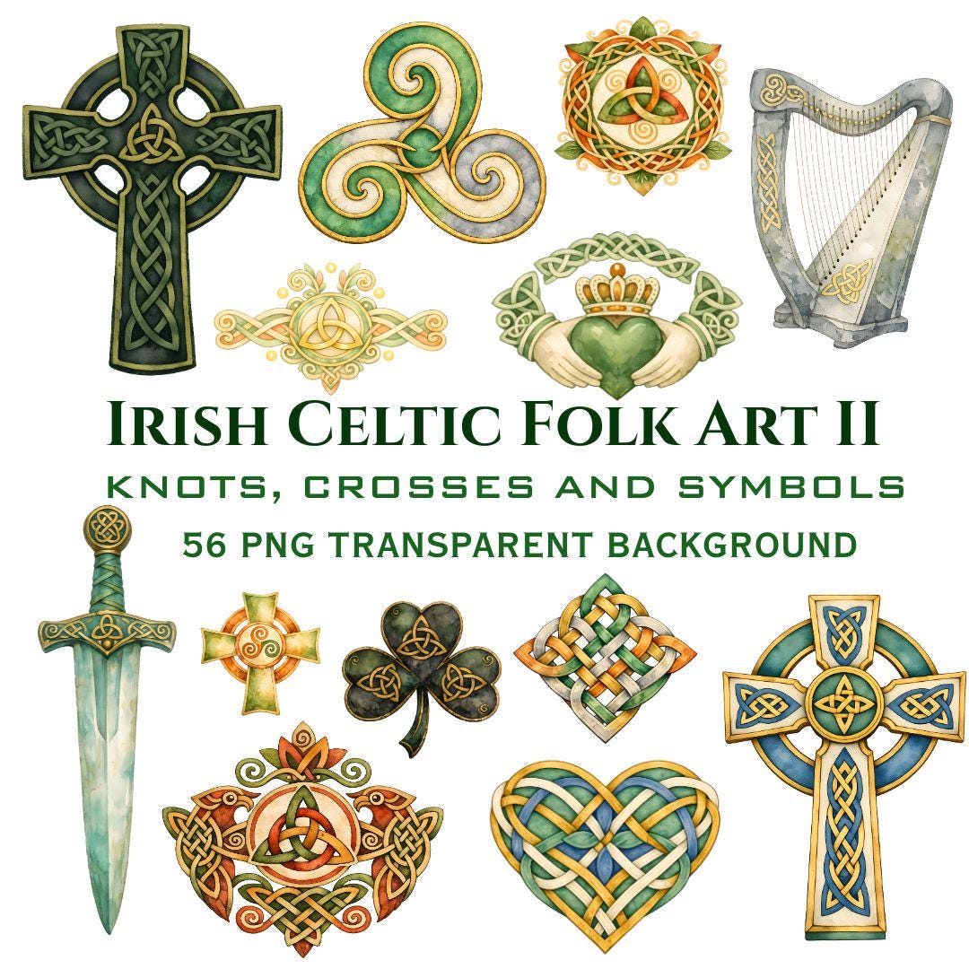 Celtic Knot Clipart, Irish Crosses, Folk Art Symbols (56 PNG Digital ...