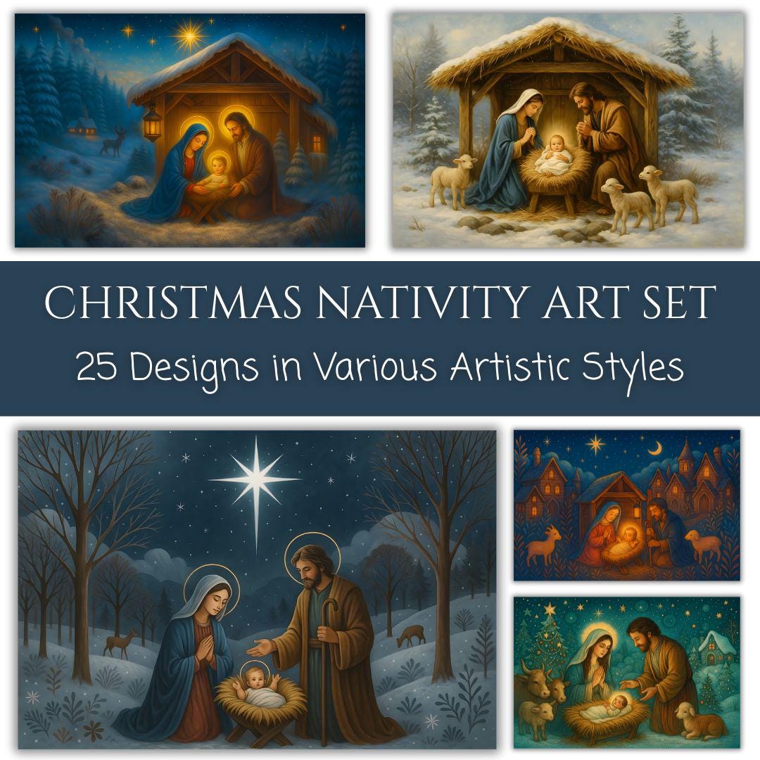 Christmas Nativity Art Set | 25 JPG Designs in Various Artistic Styles ...