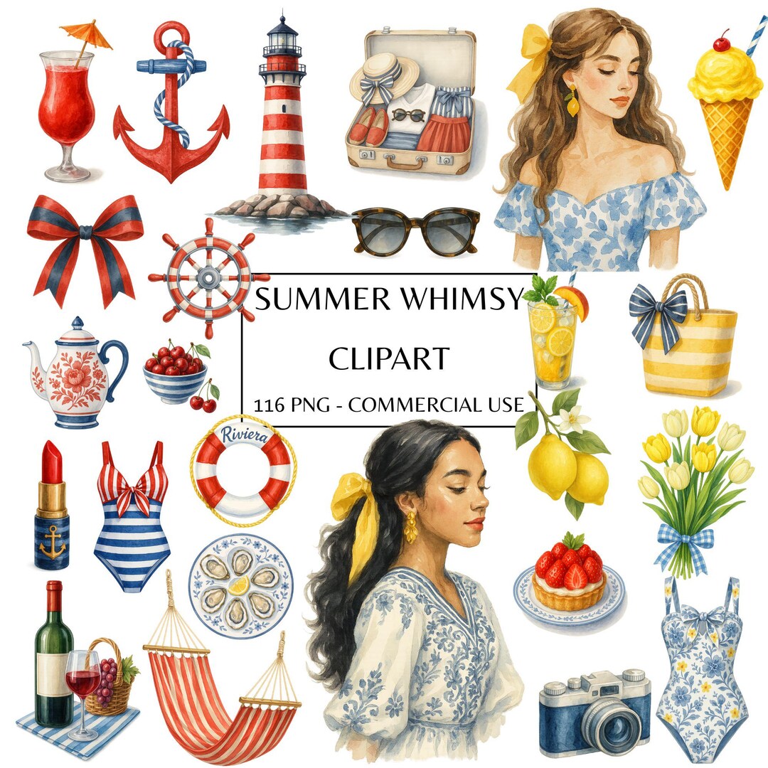 Summer Whimsy Clipart Bundle | 116 Pngs | Watercolor Beach & Nautical ...