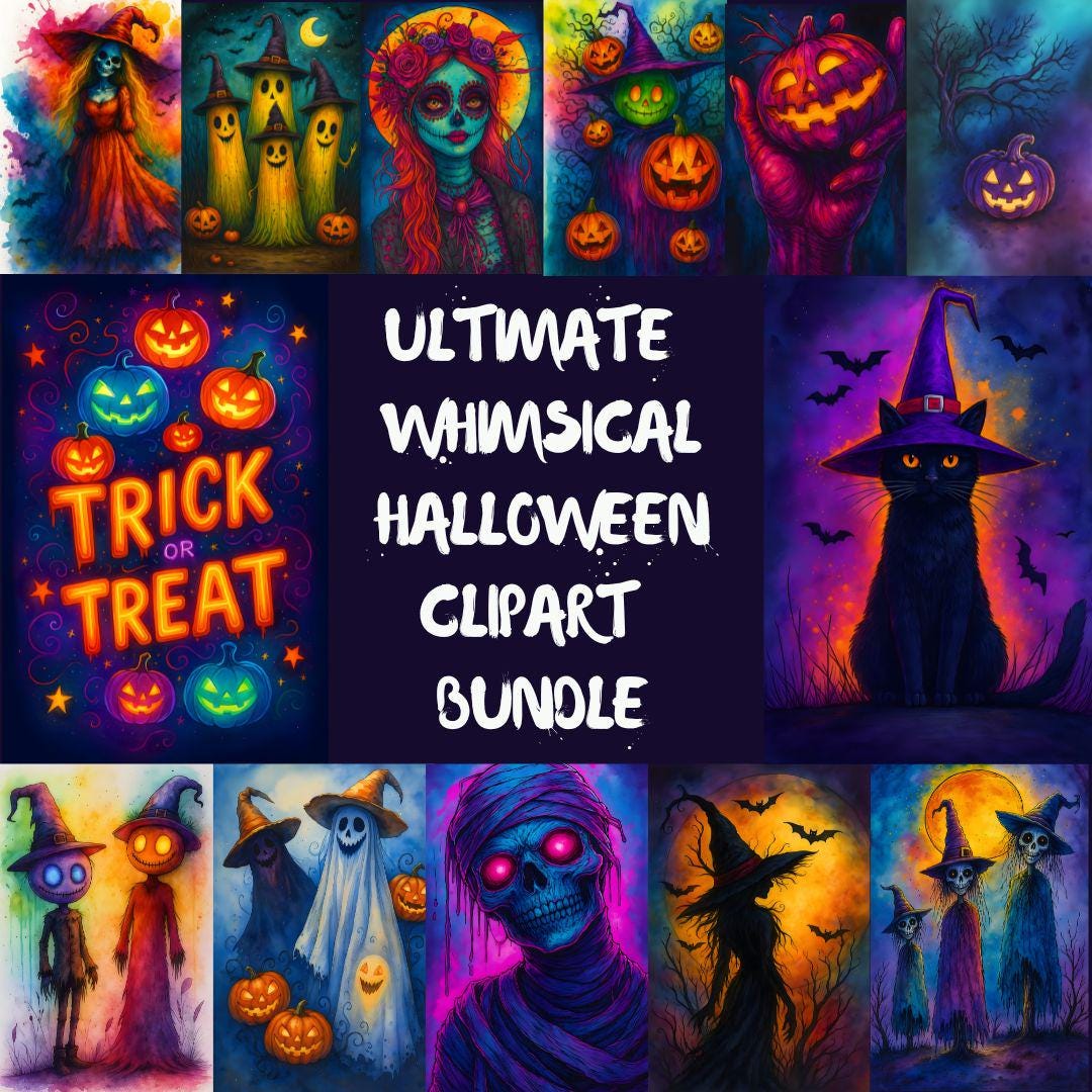Whimsical Halloween Clipart Bundle – 37 Ink & Watercolor Designs, High ...