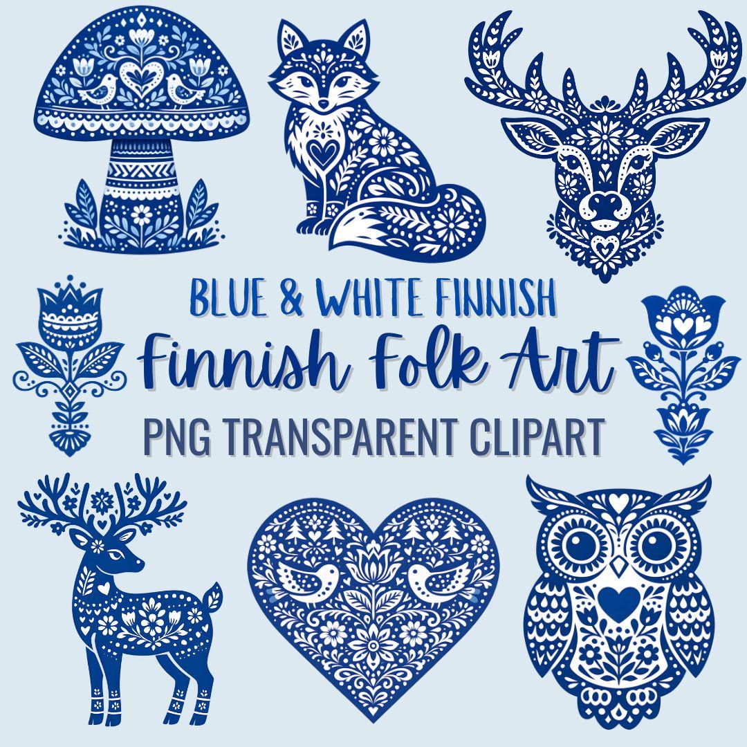 Finnish Folk Art Prints – Blue & White Nordic Designs (PNG Digital ...