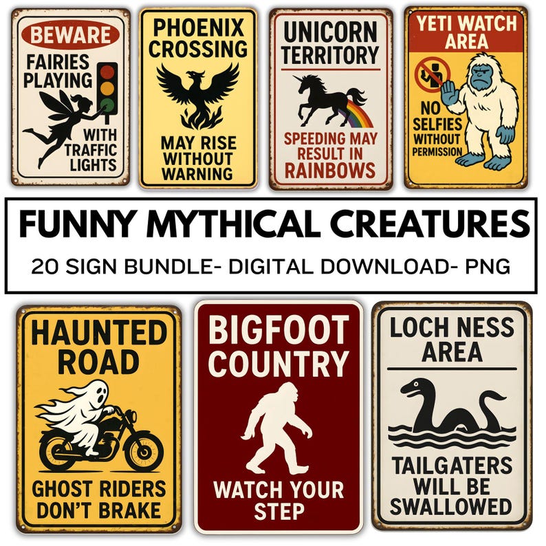 Funny Mythical Sign Bundle | 20 PNG Designs | Loch Ness, Bigfoot ...
