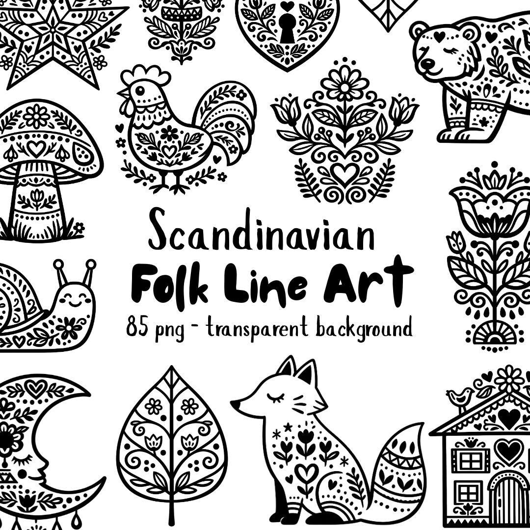 Nordic Folk Art Clipart | Scandinavian Animals & Floral Line Art (PNG ...