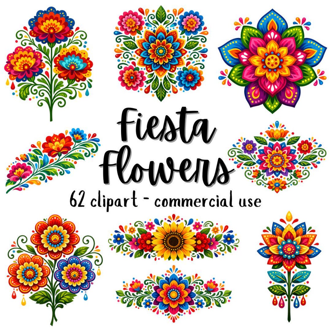 Fiesta Flower Clipart, Mexican Folk Art, Otomi Floral Graphics, Cinco ...