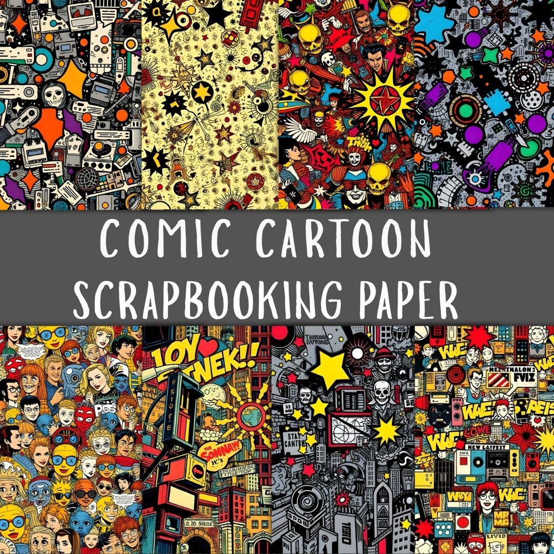 Comic Cartoon Scrapbooking Paper Pack - 30 Digital Designs - Bold Retro ...