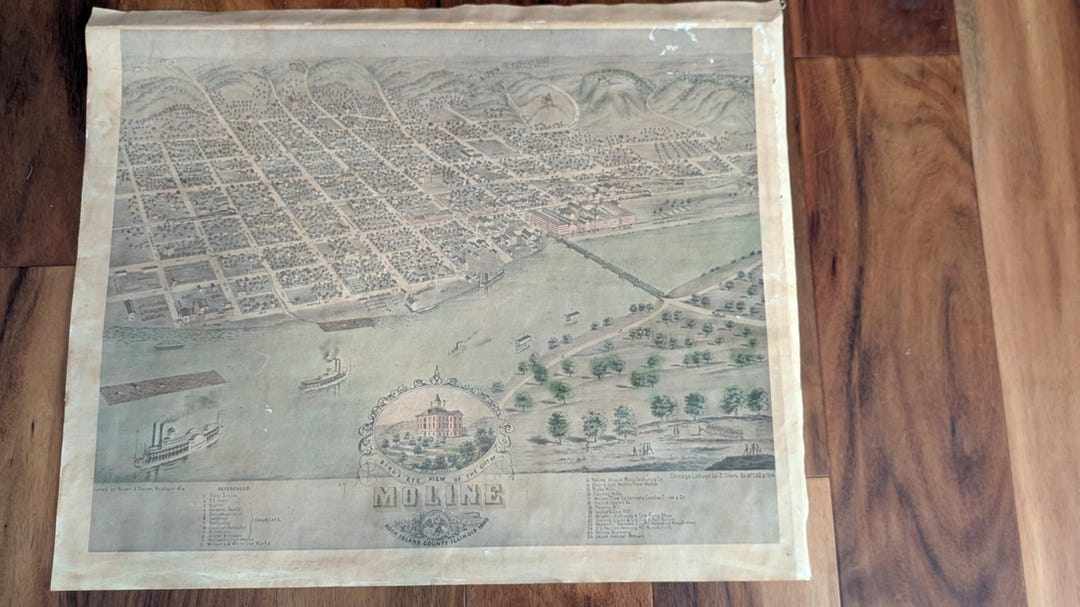 Antique 1869 Bird's Eye View Map Moline IL by Albert Ruger / J. J ...