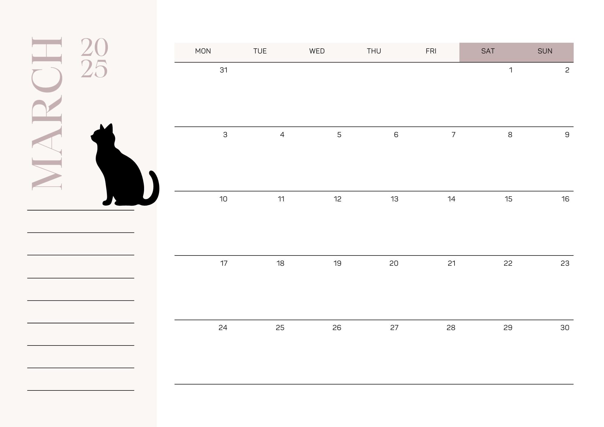 2025 Printable Cat-themed Calendar Adorable Kitty Planner With Monthly ...