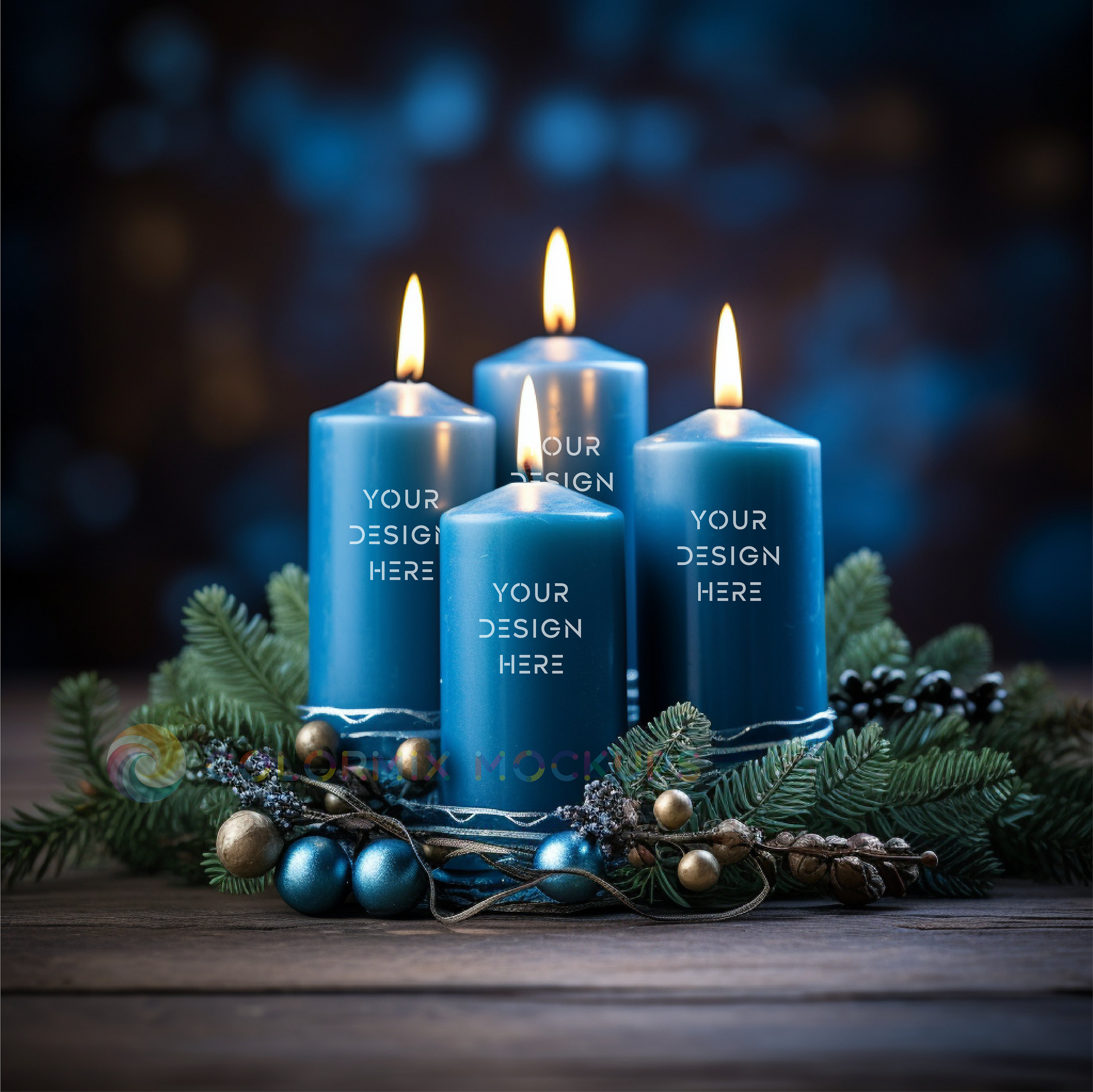 Blue Pillar Candles in Advent Wreath Mockup, Candle Label Mockup, Blue ...