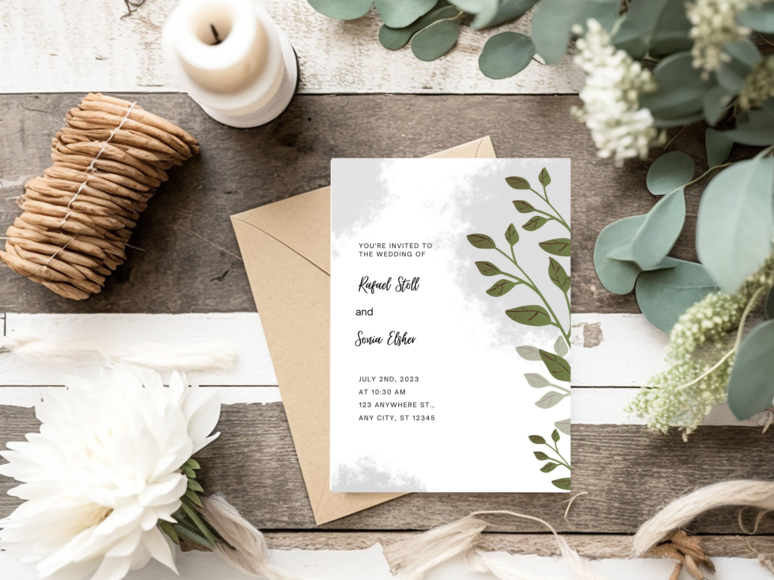 Green Leaves Wedding Invitation Template, Greenary Wedding Invitation, Printable Invitation ...