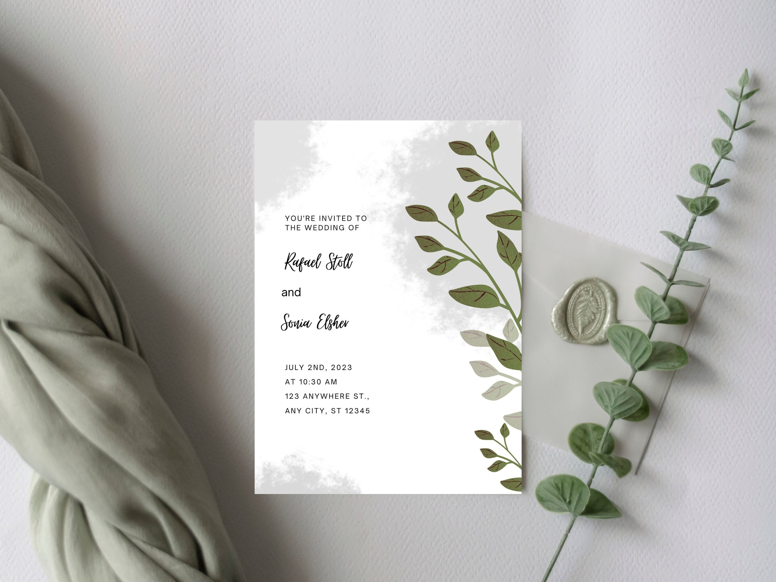 Green Leaves Wedding Invitation Template, Greenary Wedding Invitation, Printable Invitation ...