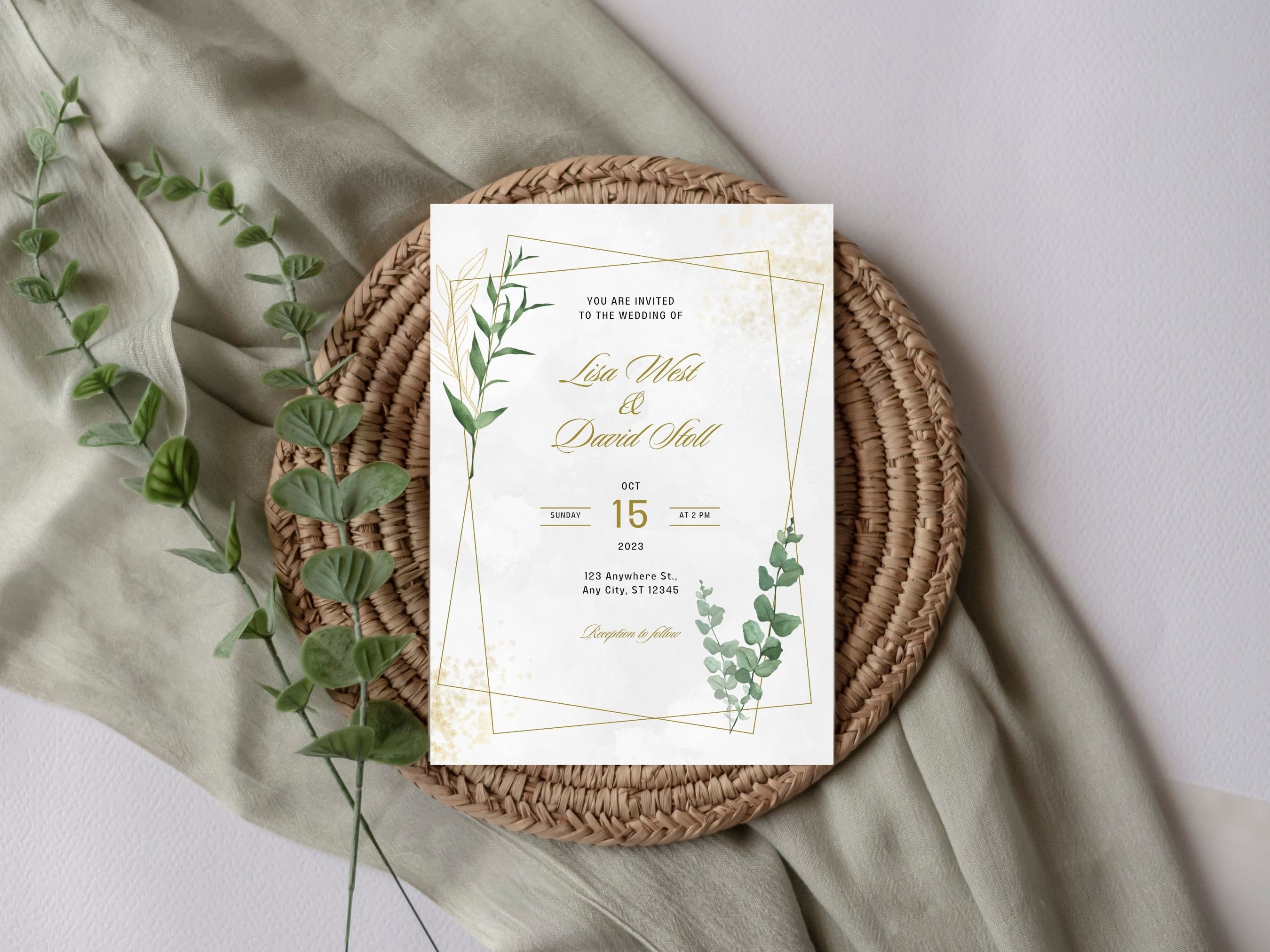 Green and Gold Wedding Invitation, Greenary Wedding Invitation ...
